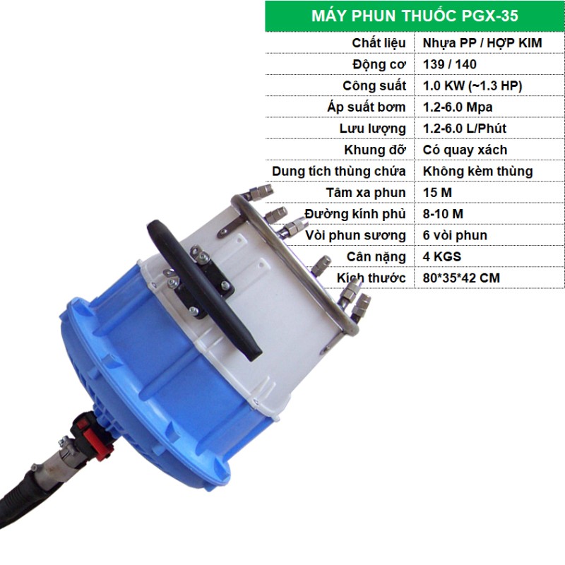 Máy phun thuốc trừ sâu PGX-35, Đầu phun thuốc sâu lắp động cơ xăng 139/140.Công nghệ Nông Nghiệp